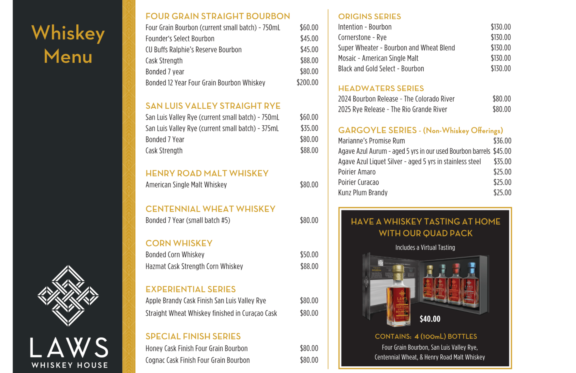 Laws Whiskey House Cocktail and Bottle Menu - Laws Whiskey House