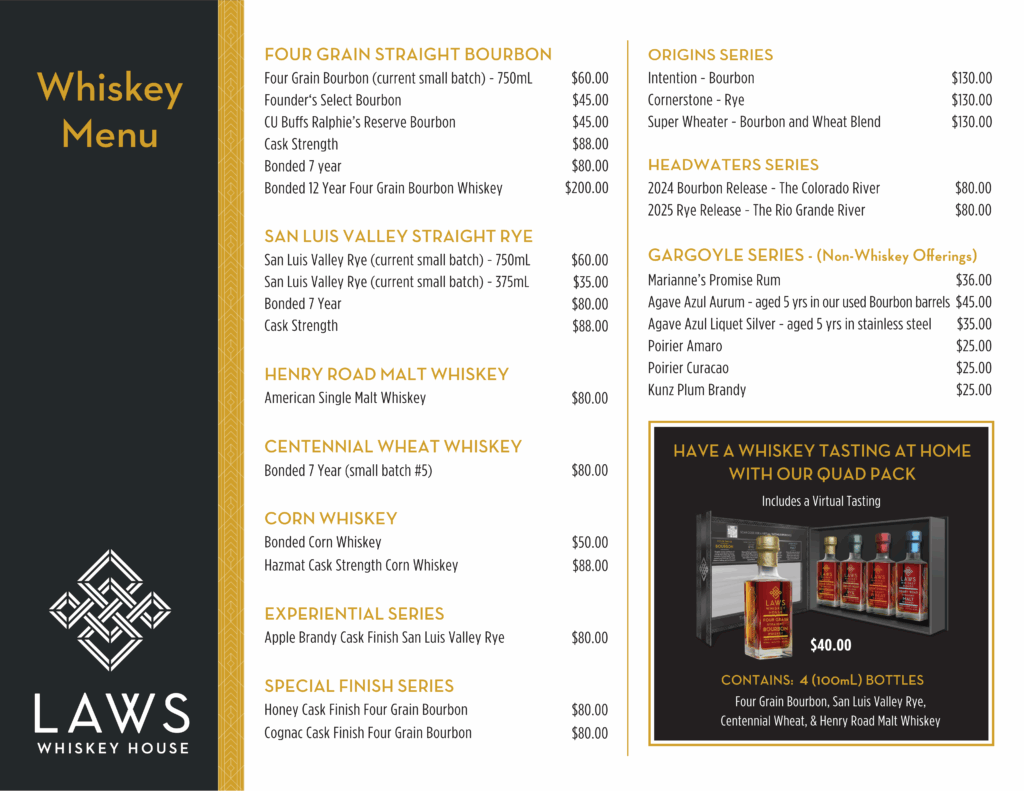 Laws Whiskey House Cocktail and Bottle Menu - Laws Whiskey House
